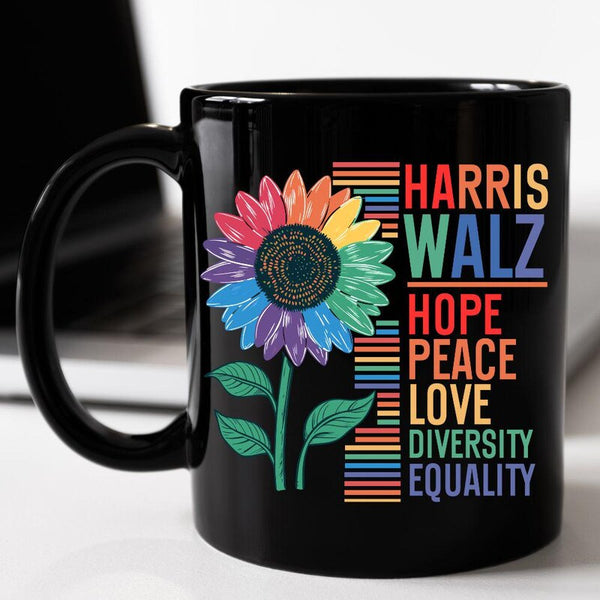 Harris Walz Hope Peace Love Black Mug, Vote Kamala Harris and Tim Walz ...